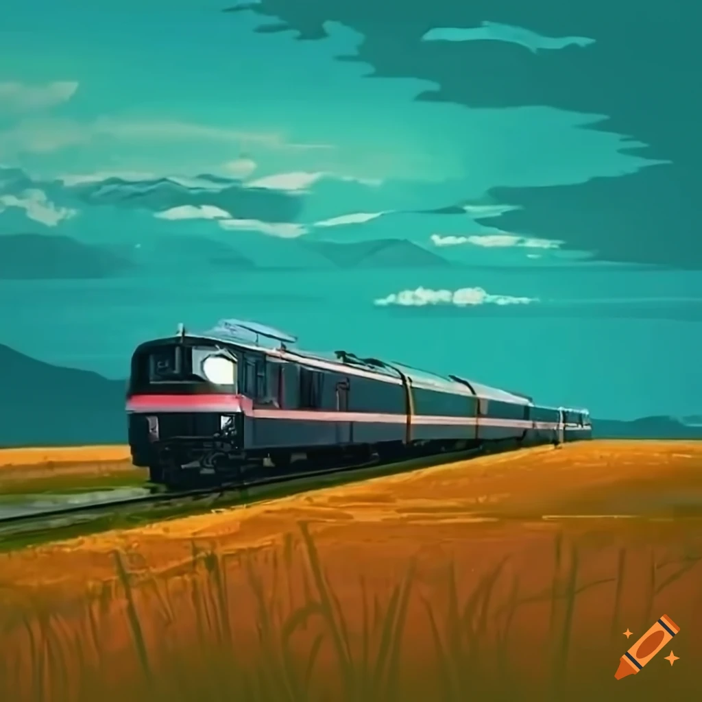 KiHa 261 train on the marshy plain, landscape, ultra detailed, 8K, Ghibli's style on Craiyon