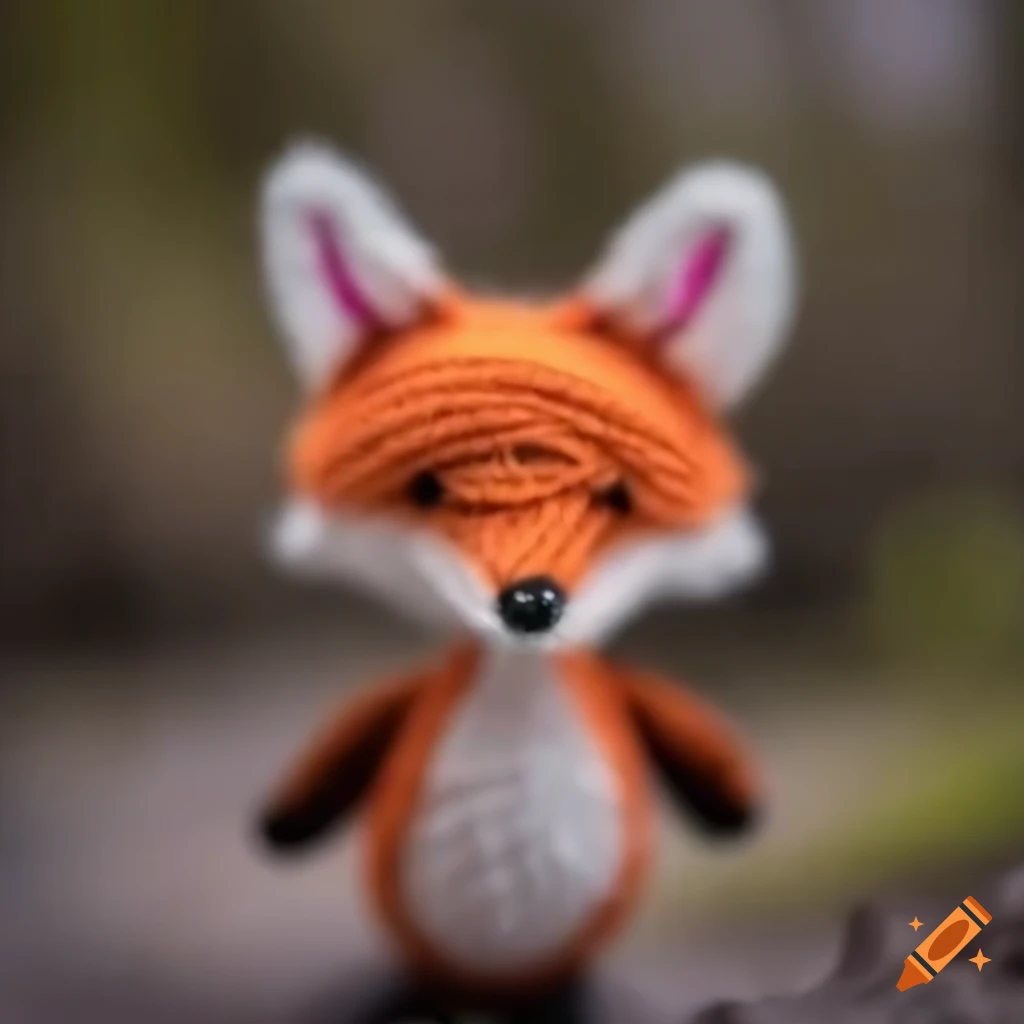 Cute 3d fox toy made of yarn macro shot siting on Craiyon