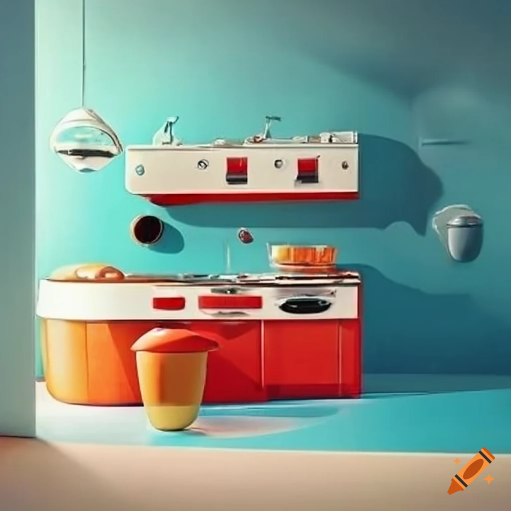 A 1950s-styled small spaceship kitchen