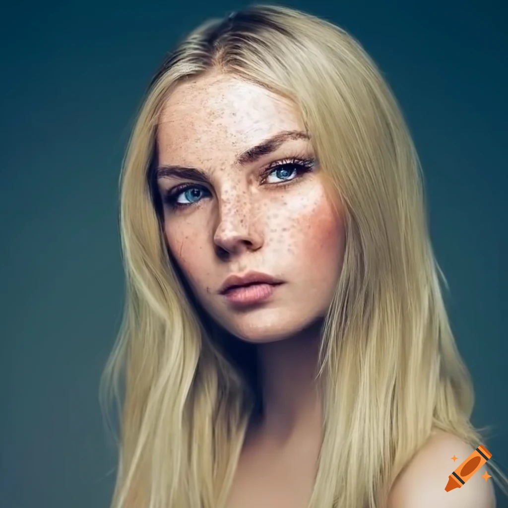 Beautiful young woman shoulder-length blonde hair very light freckles
