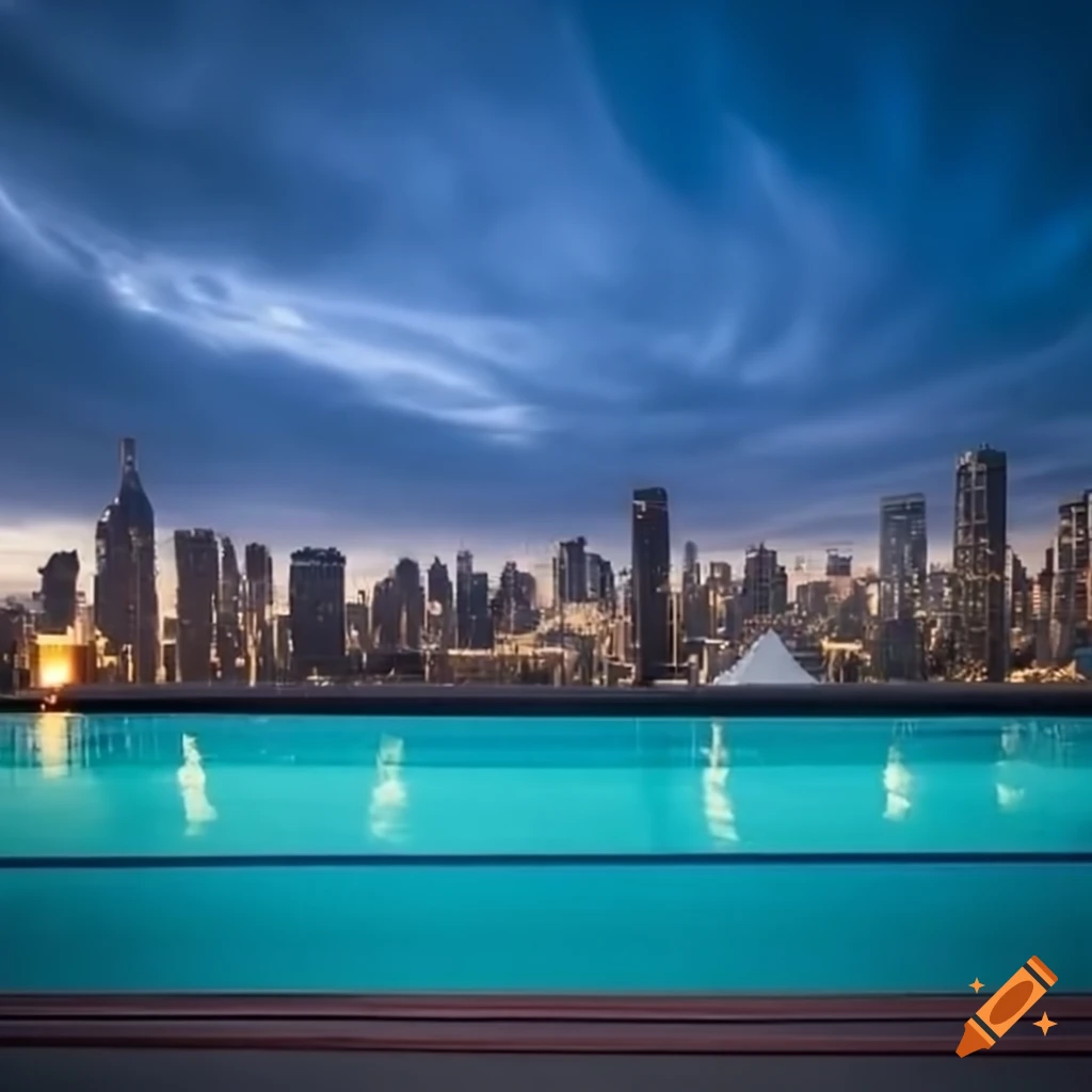 Outdoor rooftop swimming pool with a city view