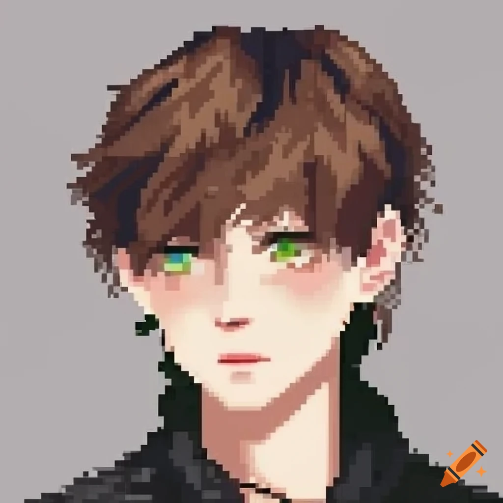 Brown short to medium hair, green eyes cute male pixel art