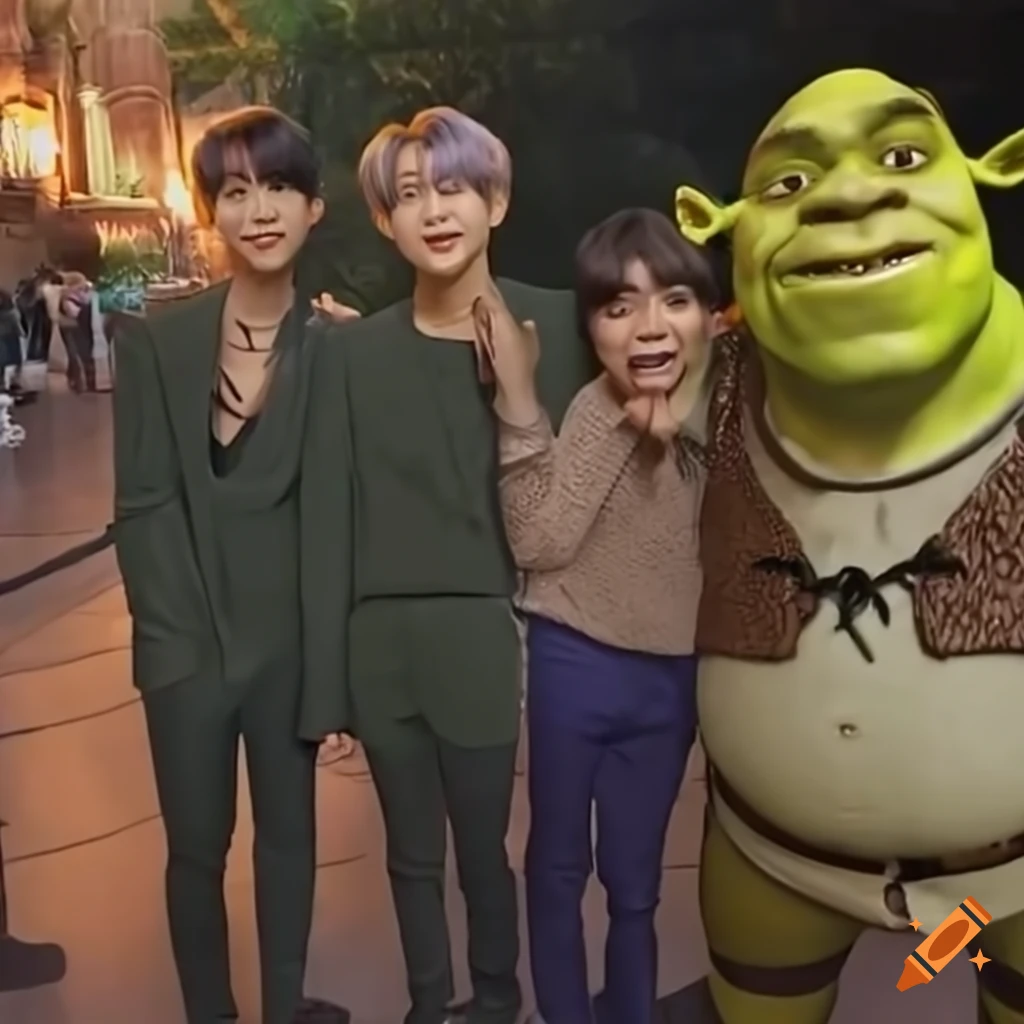 Bts members hugging shrek at universal studios
