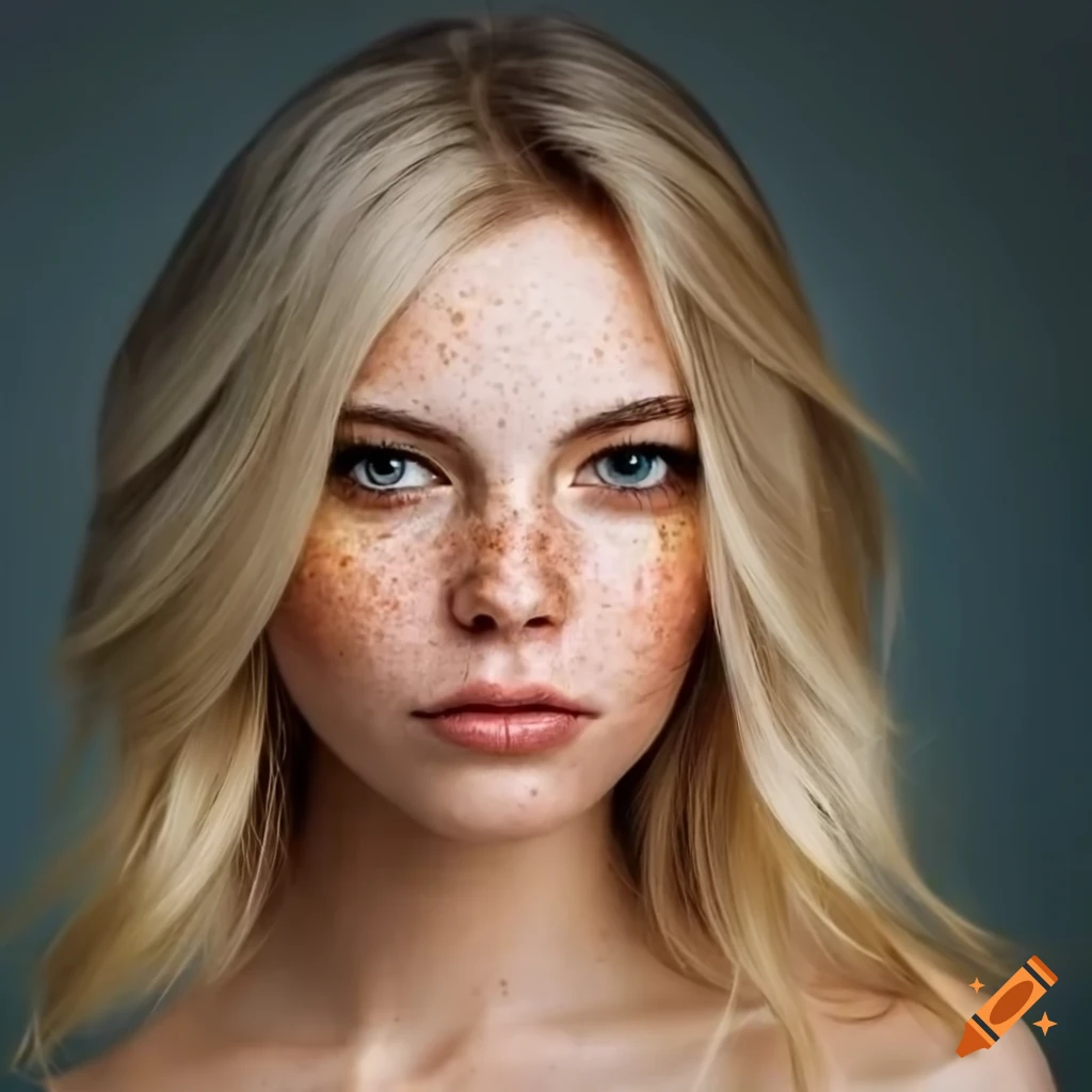 Beautiful Young Woman Shoulder Length Blonde Hair Very Light Freckles