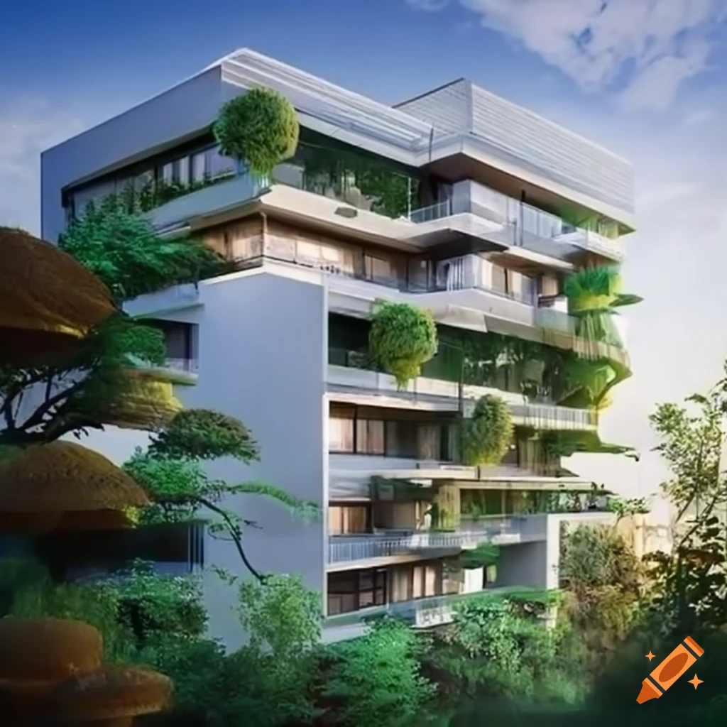 Modern 5-storey building with garden on the facades on Craiyon