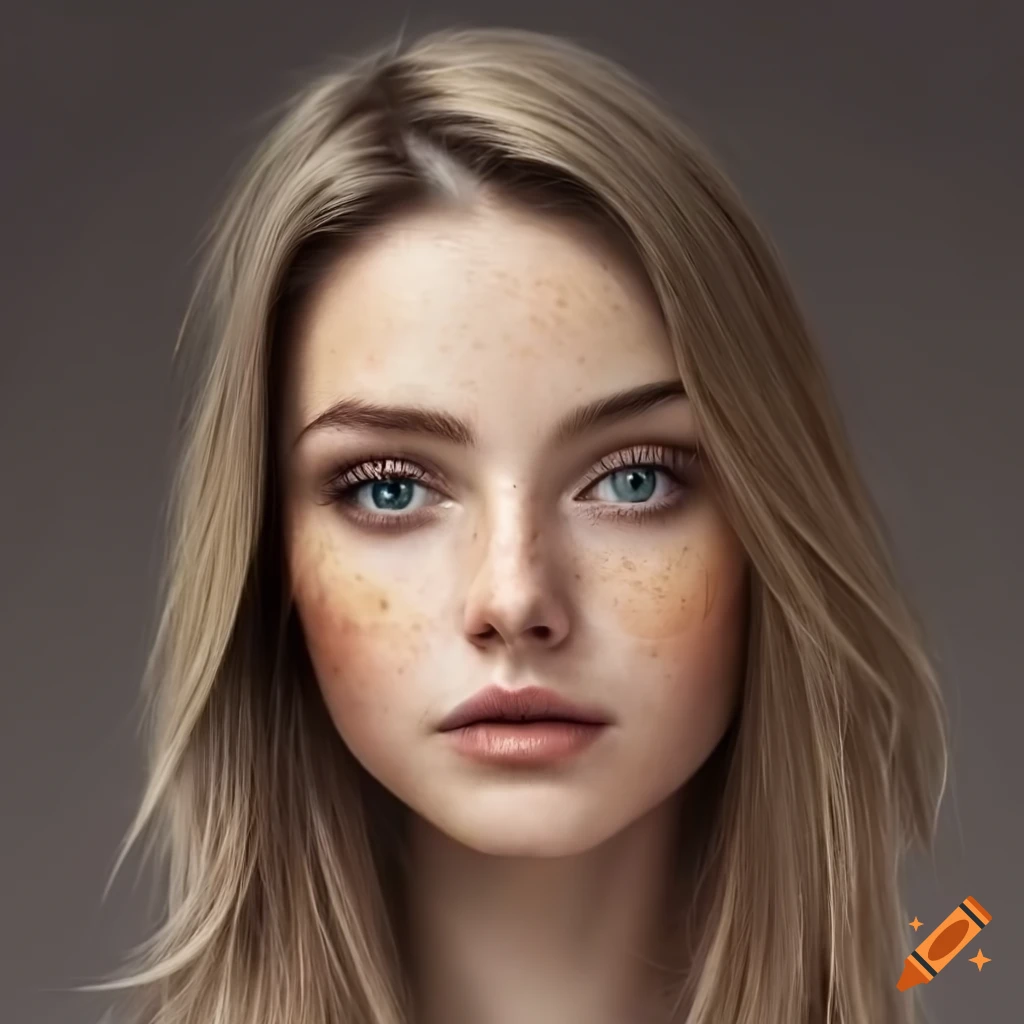 Beautiful young woman shoulder-length dark blonde hair very light freckles on Craiyon