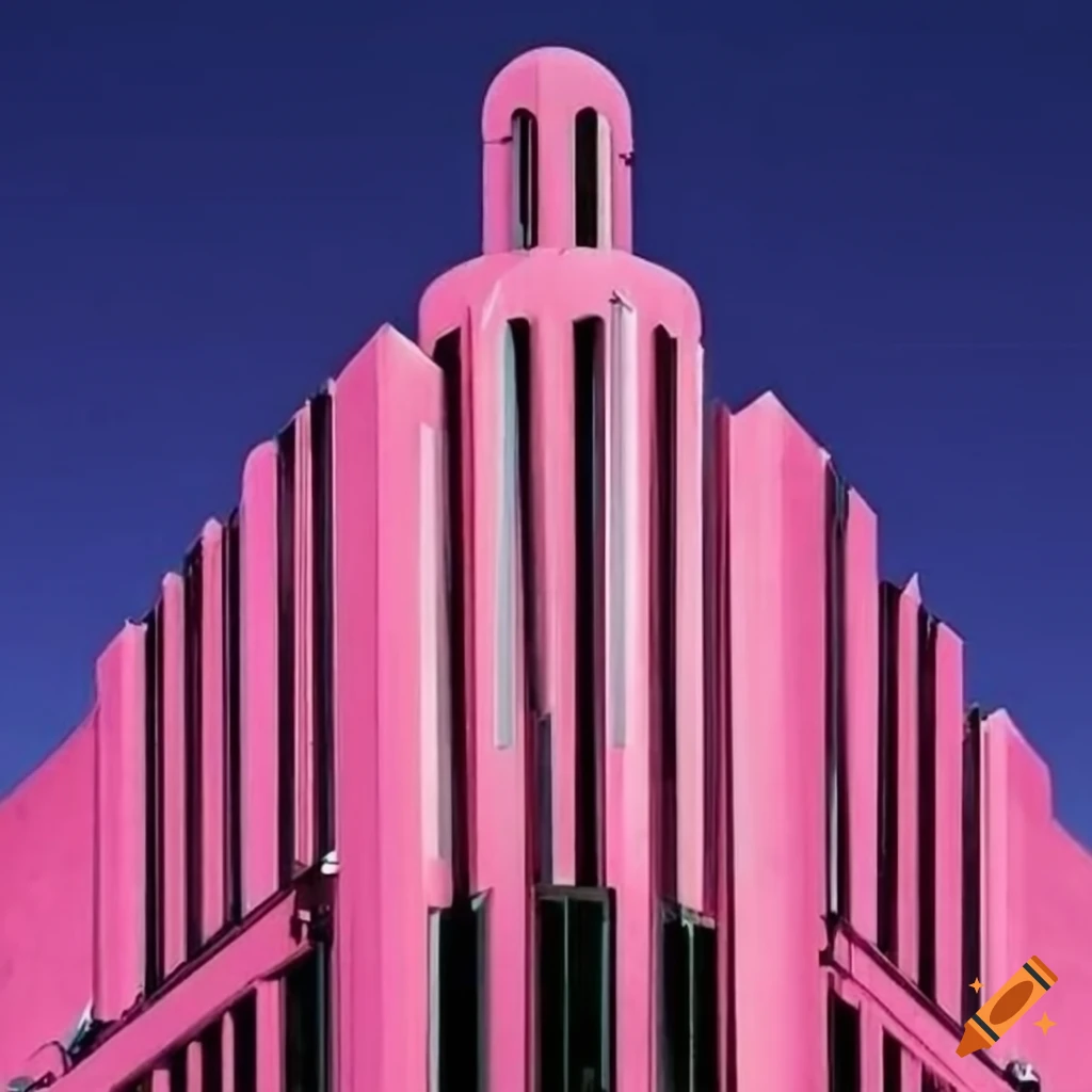 Pastel pink art-deco nightclub in a city, miami, tropical deco, art deco