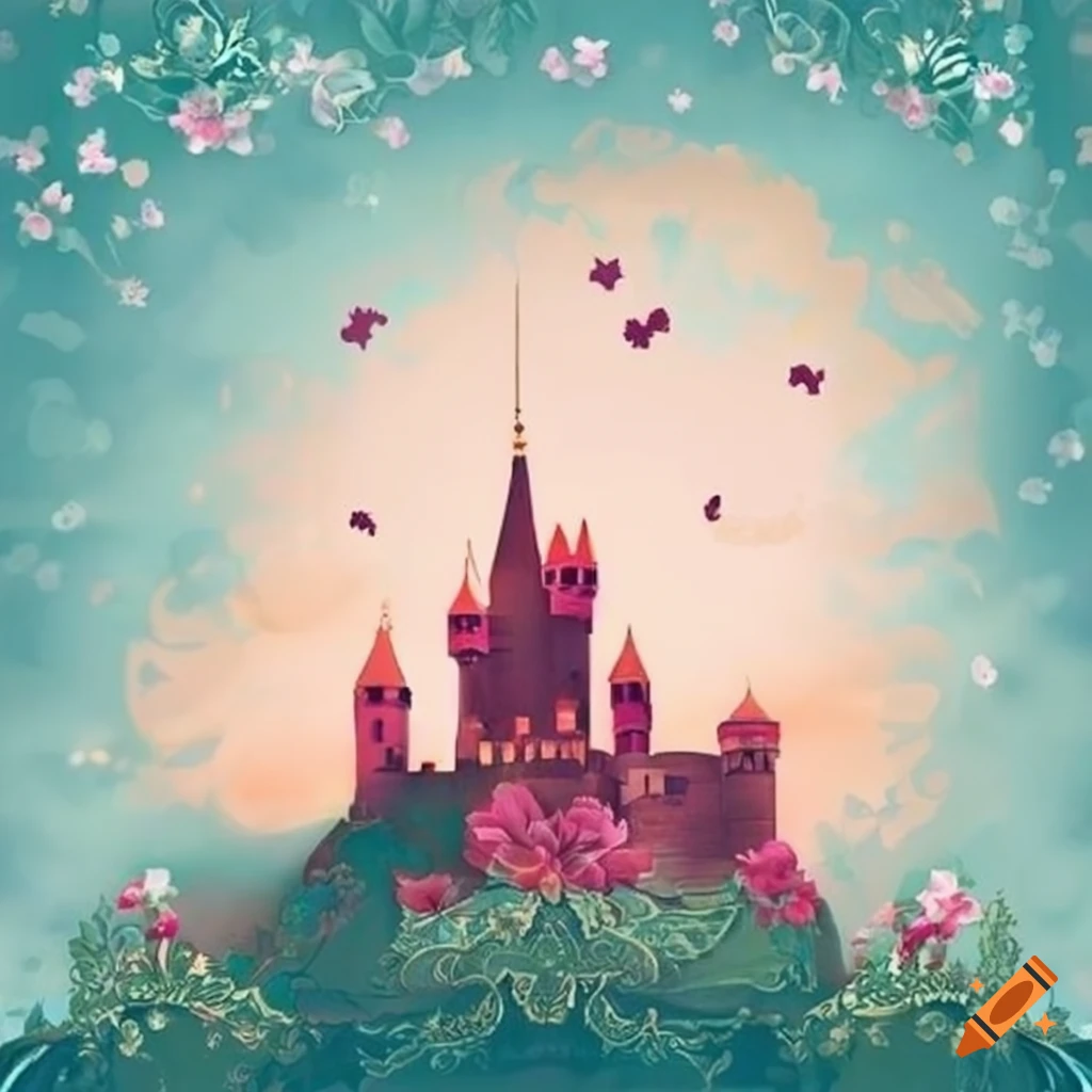 Floral-inspired invitation with a castle in the background
