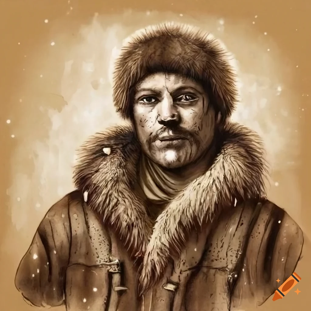 Portrait of a trader wearing fur clothing, snowing, sepia ink on ...