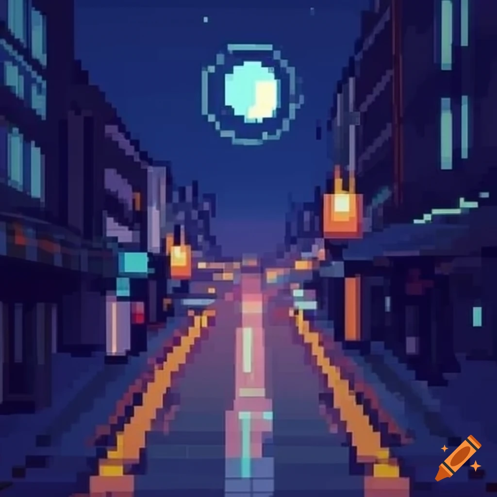 Pixel art of a busy road at midnight