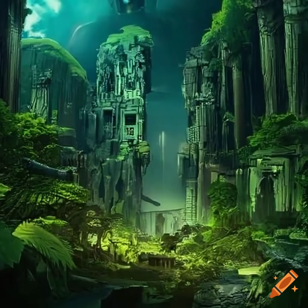 Mix of futuristic tech with ancient ruins in a jungle on Craiyon