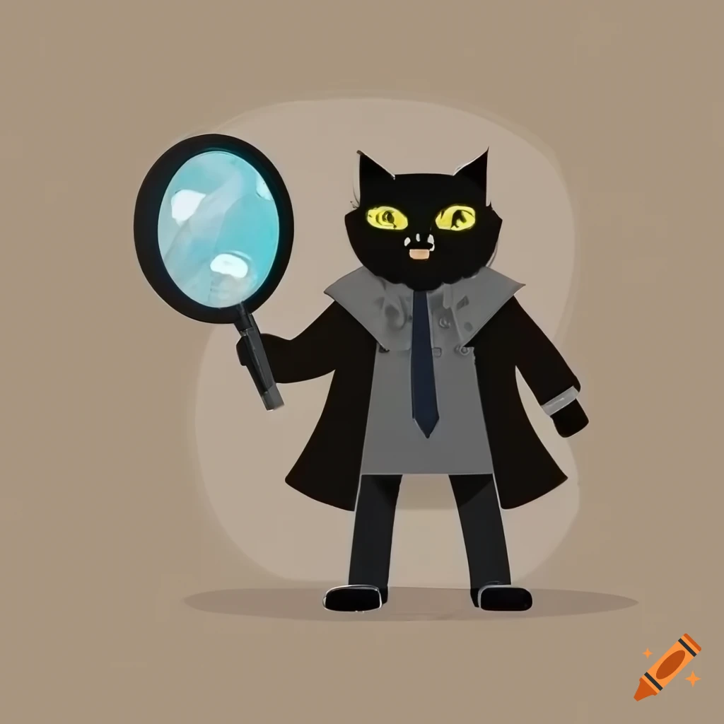 Black cat detective with his magnifying glass and beige trench coat ...