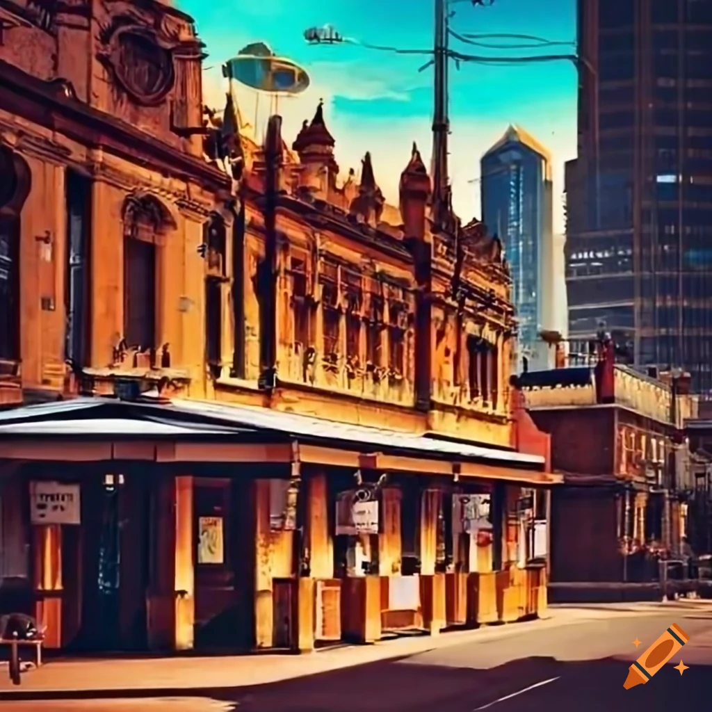 Australian pub in a city, outdoor seating, park in the background on ...