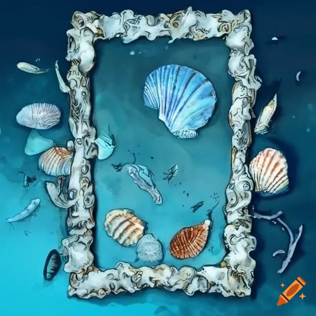 Ink illustration of seashells and marine decor in a rectangular frame ...