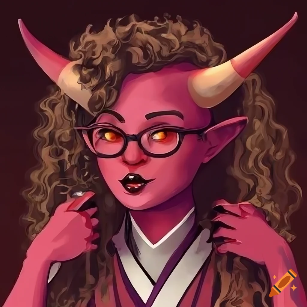 An illustration of a red-skinned female tiefling with round glasses ...