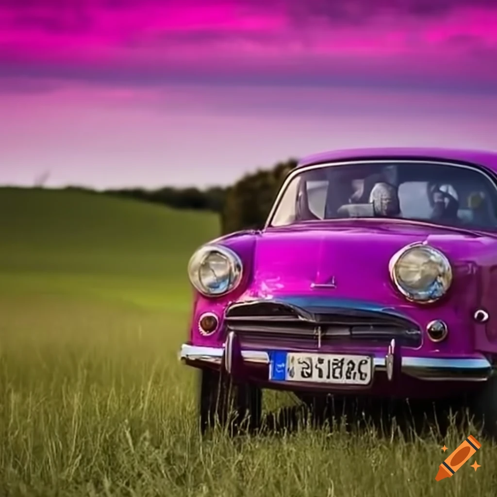 A magenta car standing on a lushes field on Craiyon