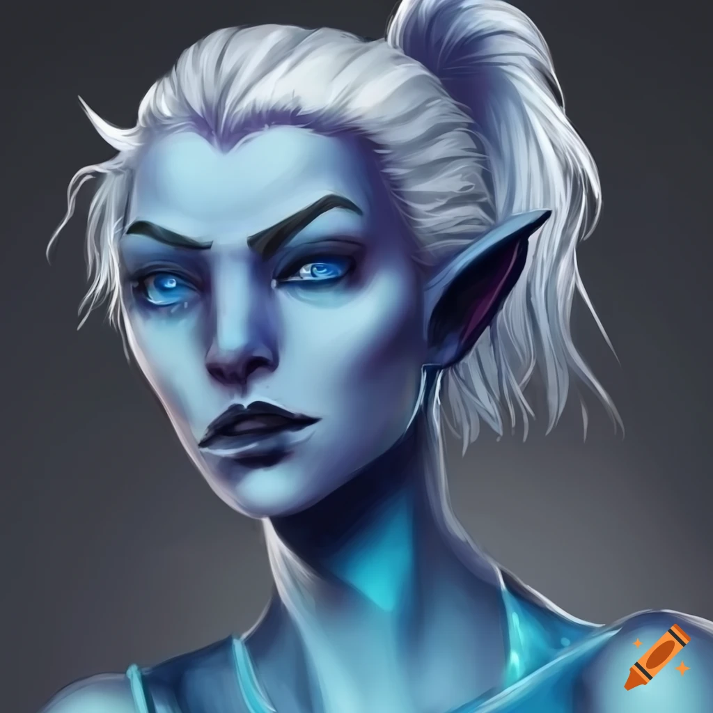 Female Genasi with light blue skin, dark blue eyes, white hair in a big ...
