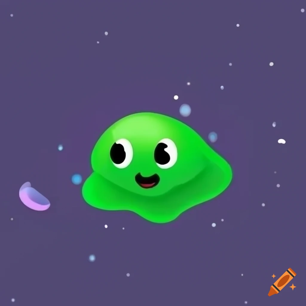 Logo of a cute tiny green slime blob smiling with two in space on Craiyon