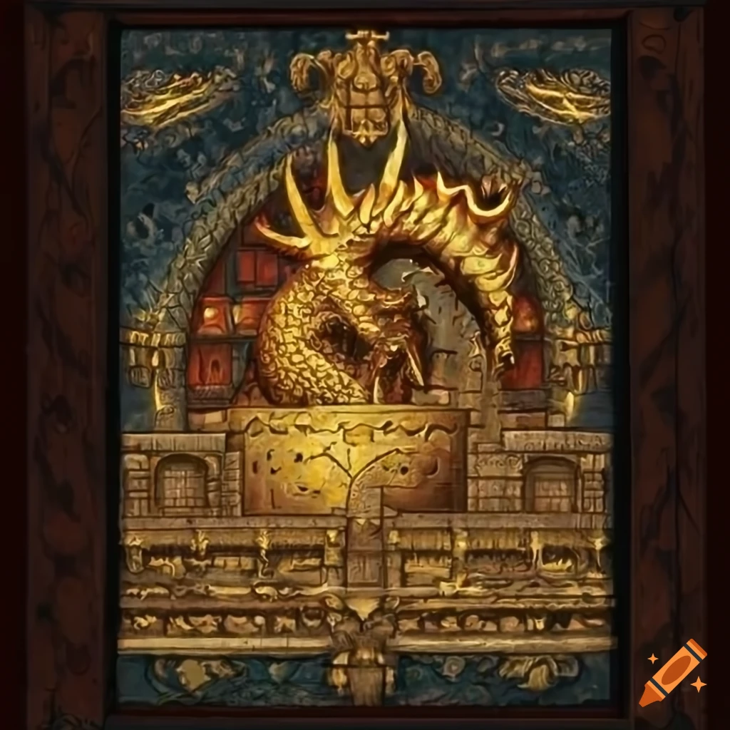 Medieval castle with a golden dragon, dnd-style book cover
