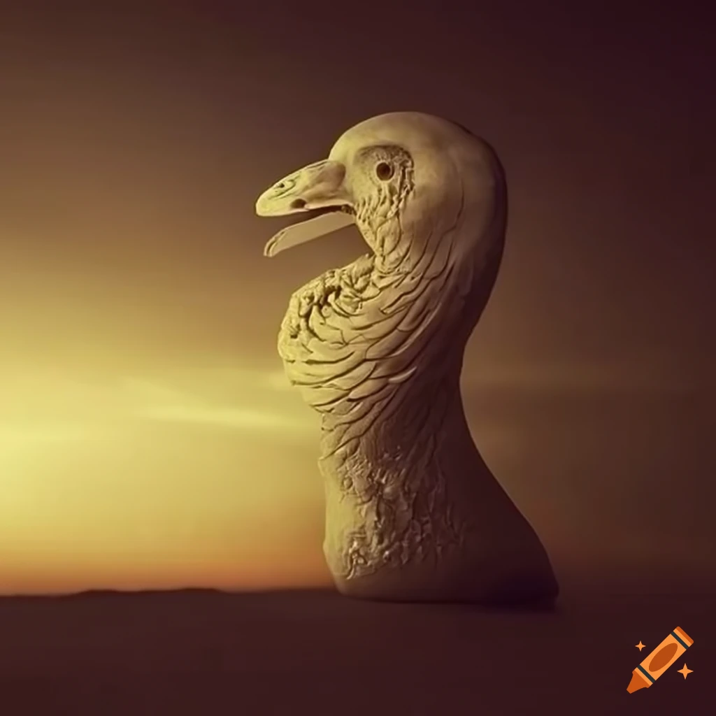 A surreal dalinian landscape with marble sculptures of birdlike ...