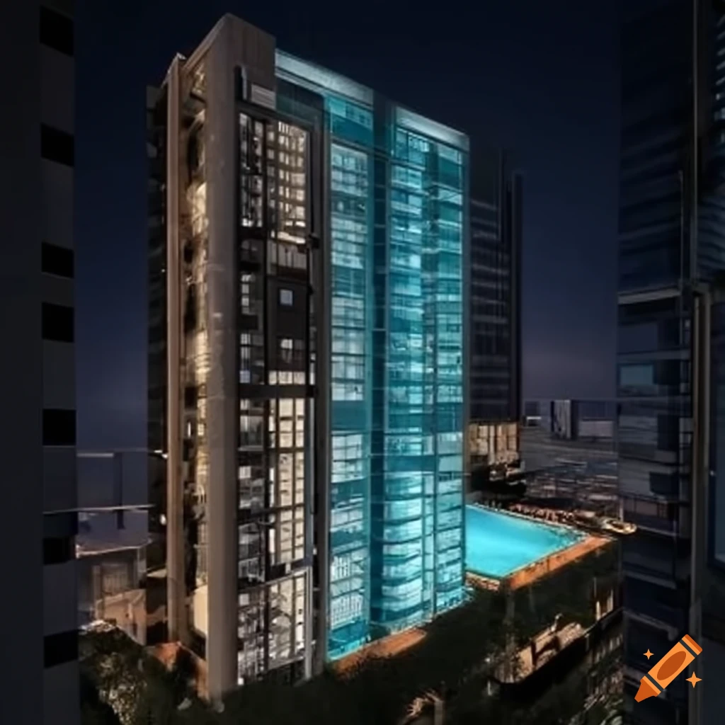 L shape tower with apartments starting from 7 floor and pool at podium
