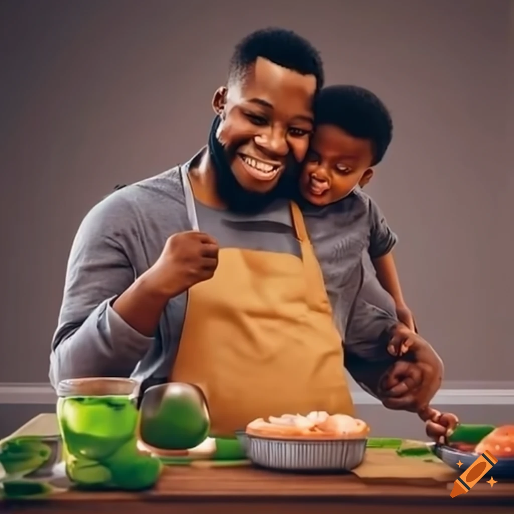 Black father and son cooking at home