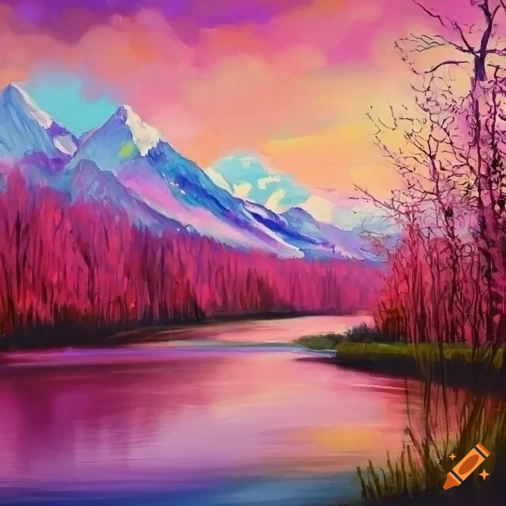 River painting - pink tree and river with mountains in the back