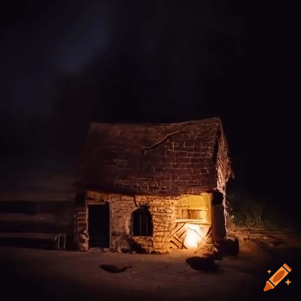 Medieval cottage at night