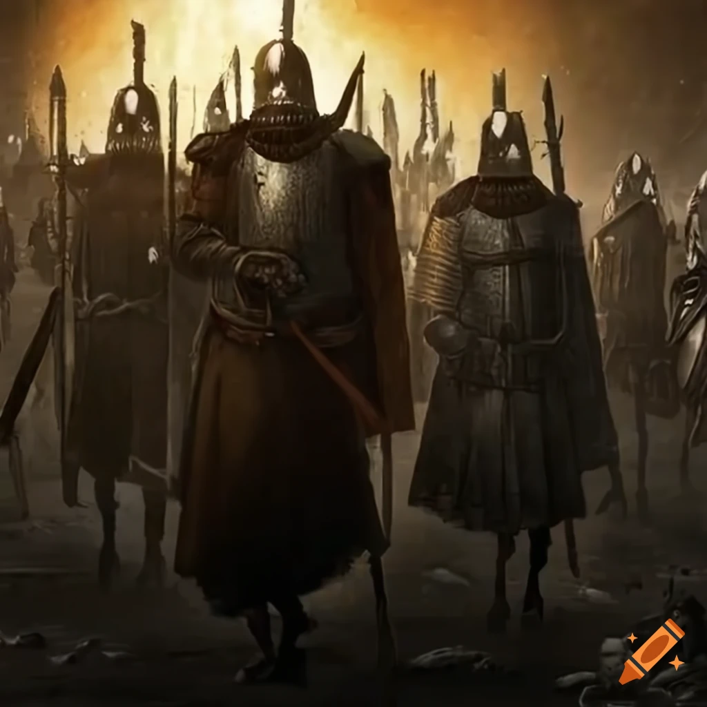 Lords of midnight, snowy landscape, medieval army marching, high definition