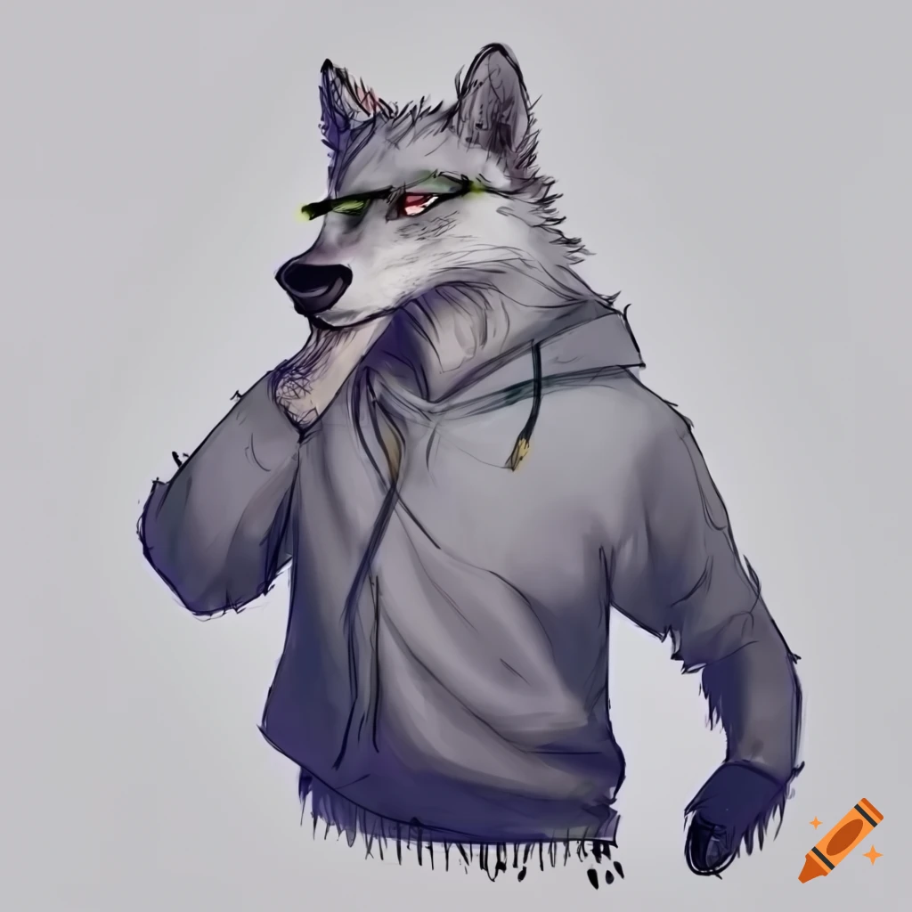Anthro Non-Binary wolf/bear hybrid wearing grey hoodie and glasses on ...