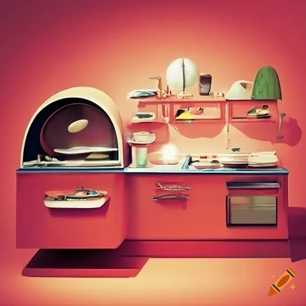 A 1950s-styled small spaceship kitchen on Craiyon