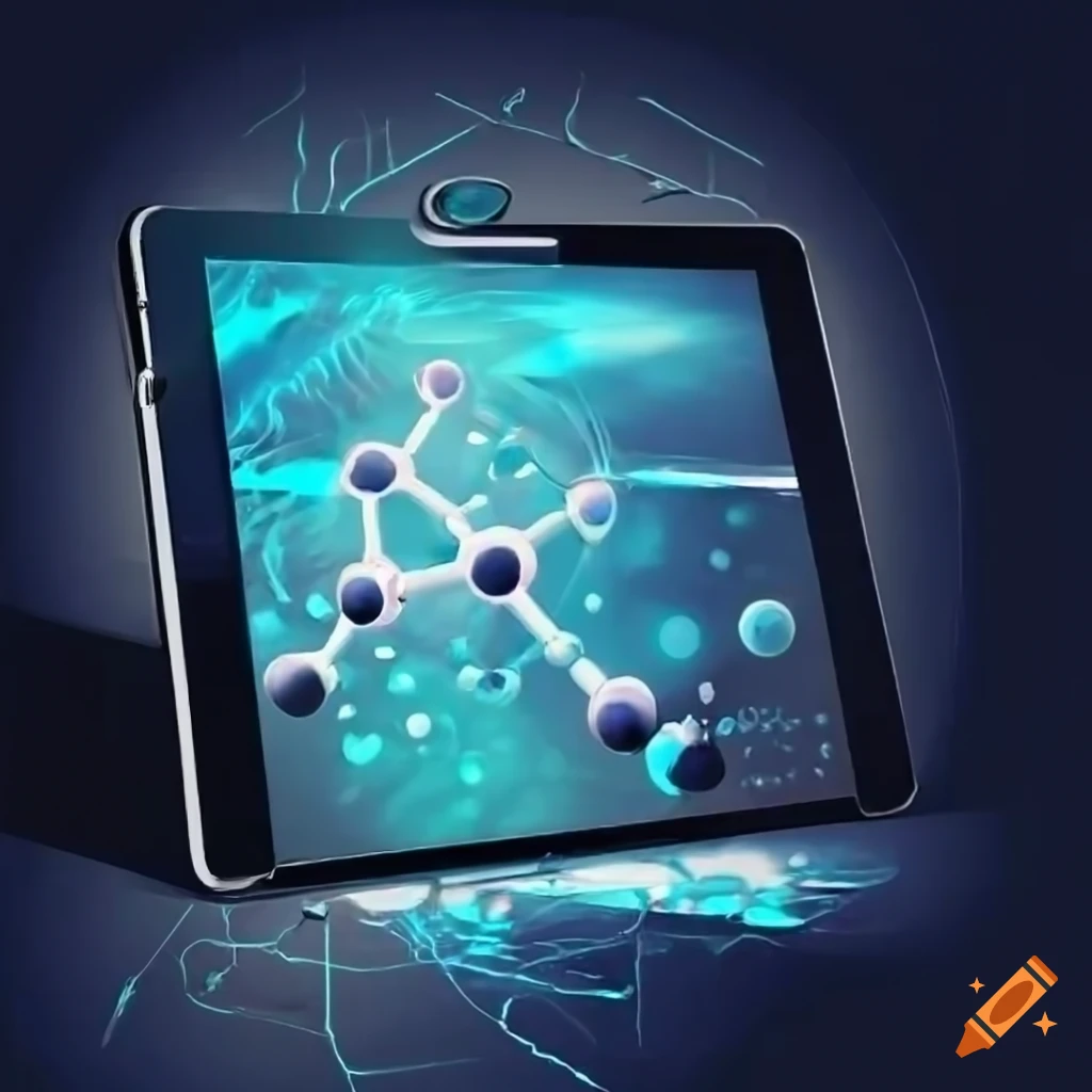 Futuristic tablet with molecules and product drawing on Craiyon