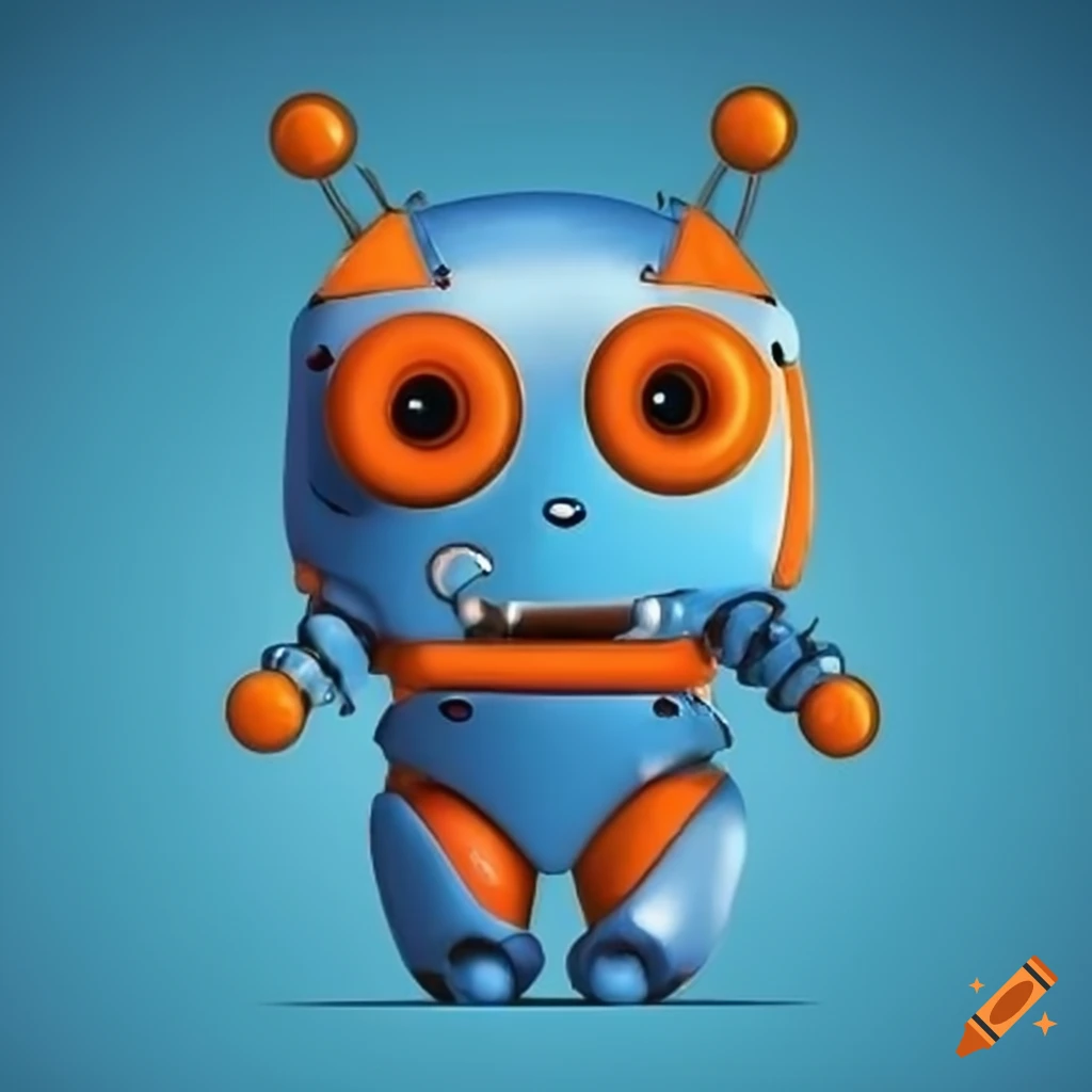 A cute smiling robot in blue (color code #154f91), holding some atoms ...
