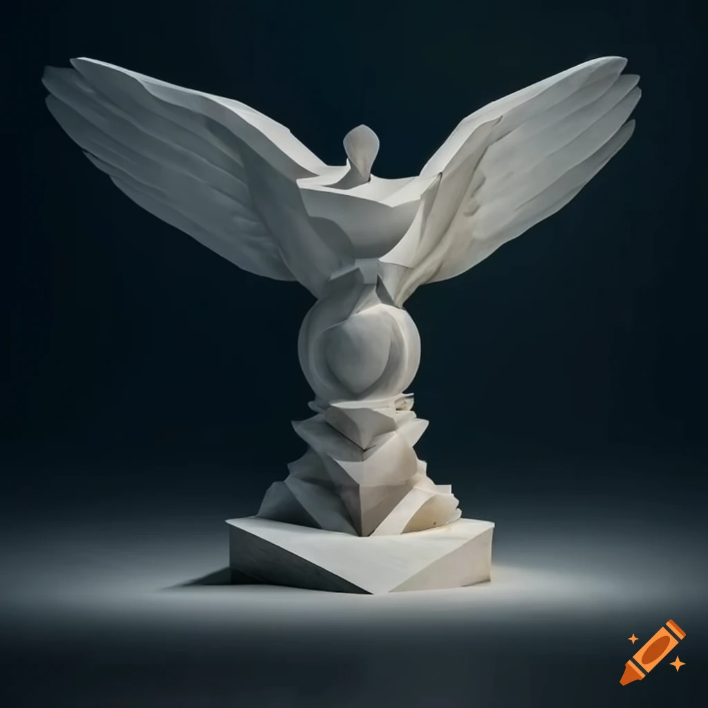 A surreal dalinian landscape with geometric marble sculptures of bird wings