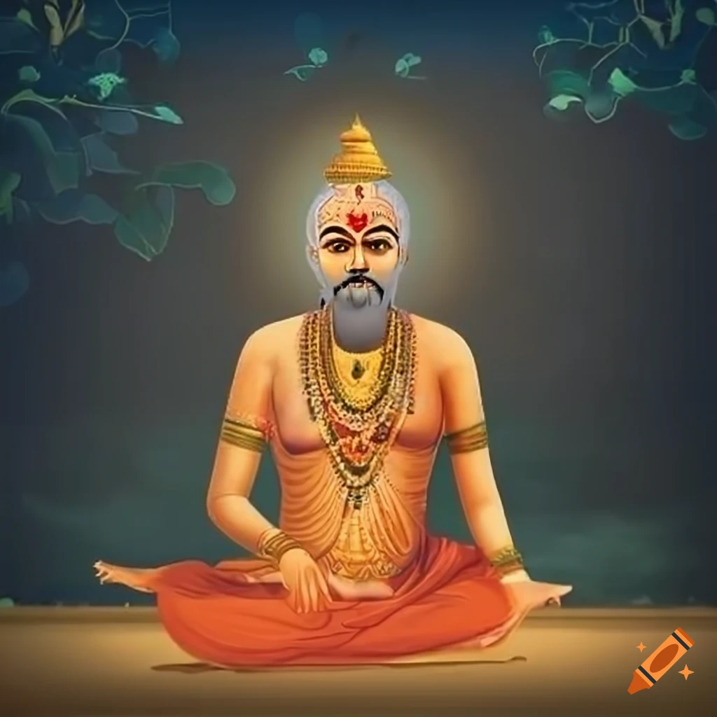 Generate an image depicting a serene scene where a Hindu pandit ...
