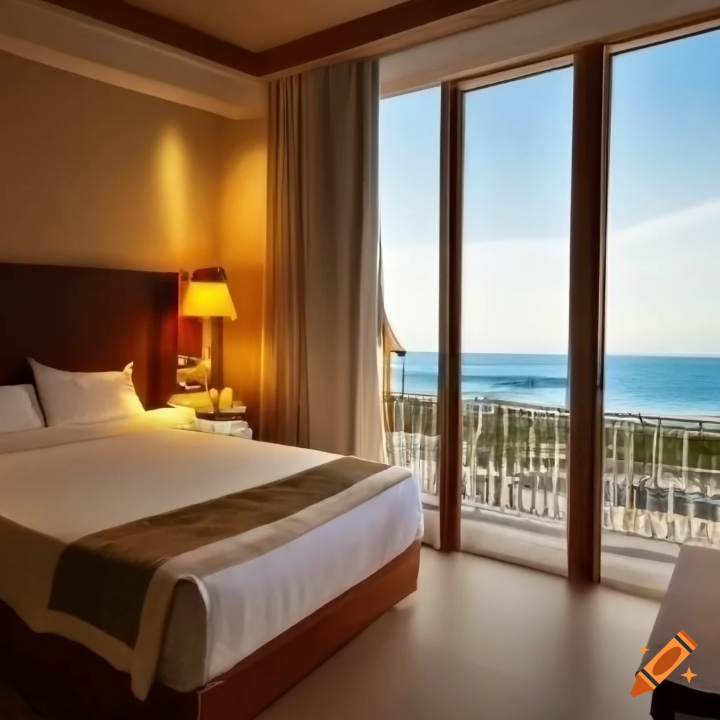 A very nice hotel room with big windows from which you can see the beach