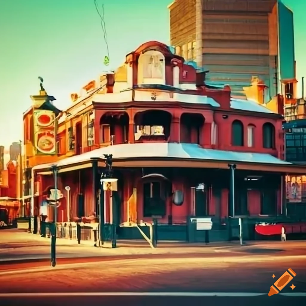 Australian pub in a city, outdoor seating, park in the background on ...