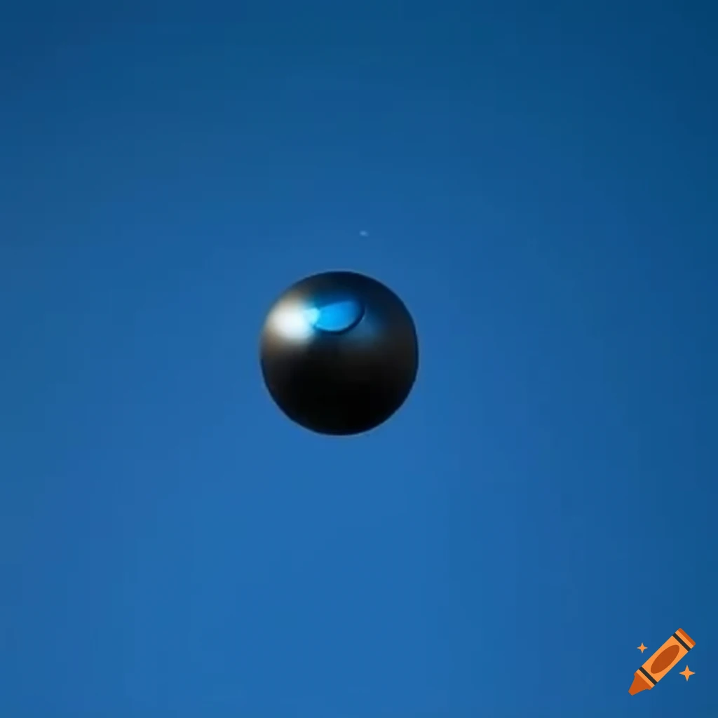 Advanced futuristic metallic orb shaped ufo flying in a blue sky on Craiyon