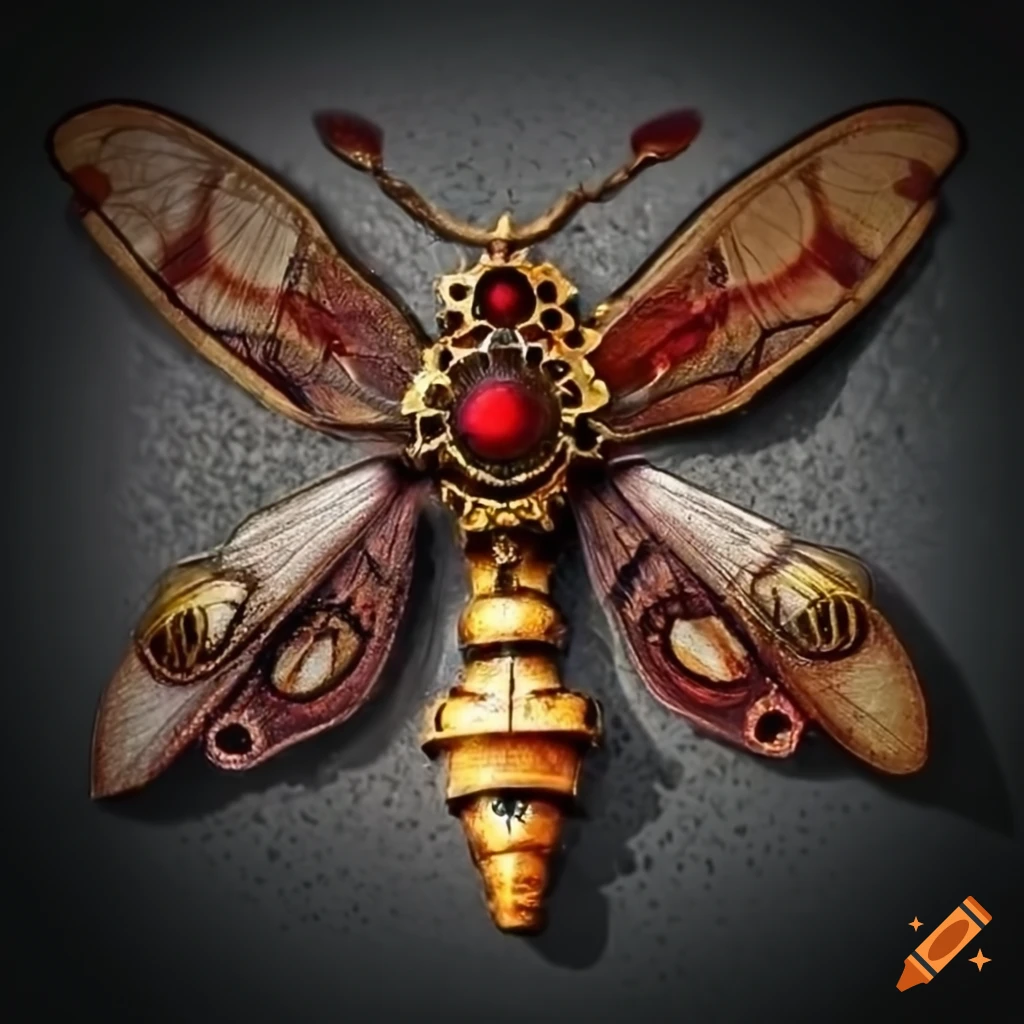 Steampunk metallic moth with six wings and bright red eyes
