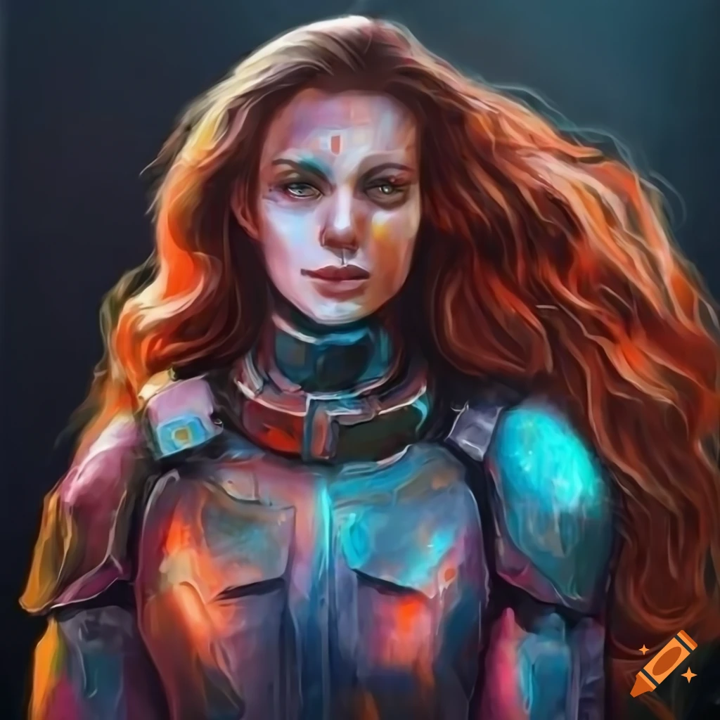A person in sci-fi armor, portrait, with wavy long hair, glowing lines ...
