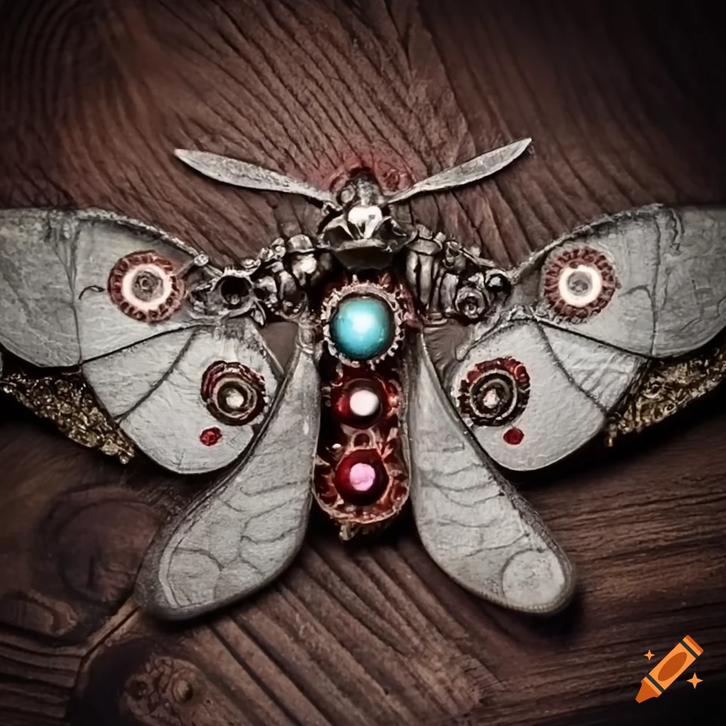 Steampunk silver moth with six mechanical wings and ruby red eyes on ...