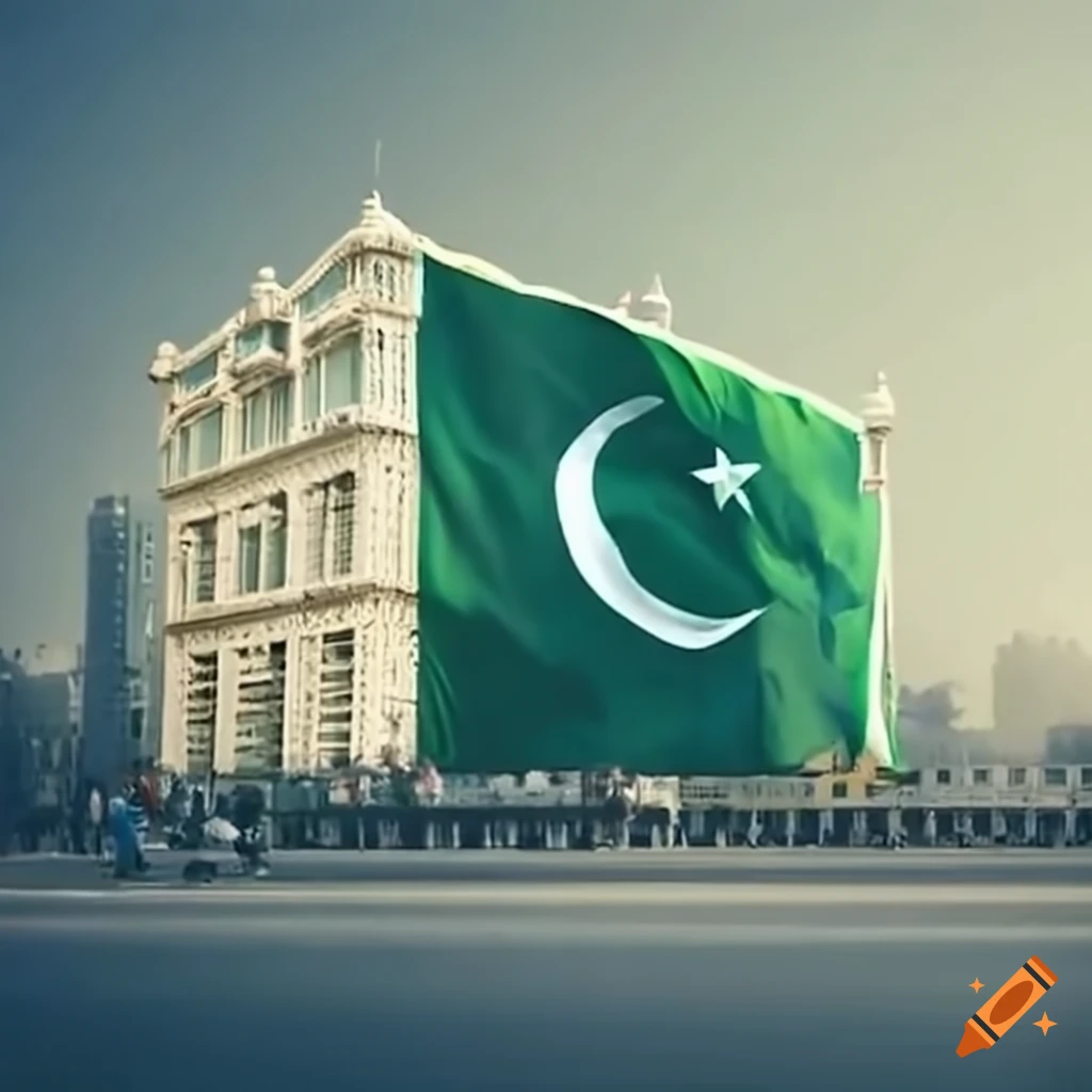 Pakistani flag on a huge building with cars and people on the road on ...
