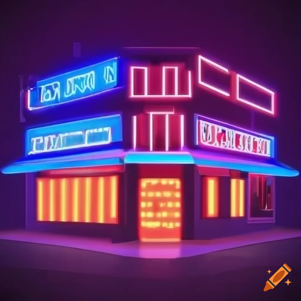 Low poly nightlife bar view from outside neon signs
