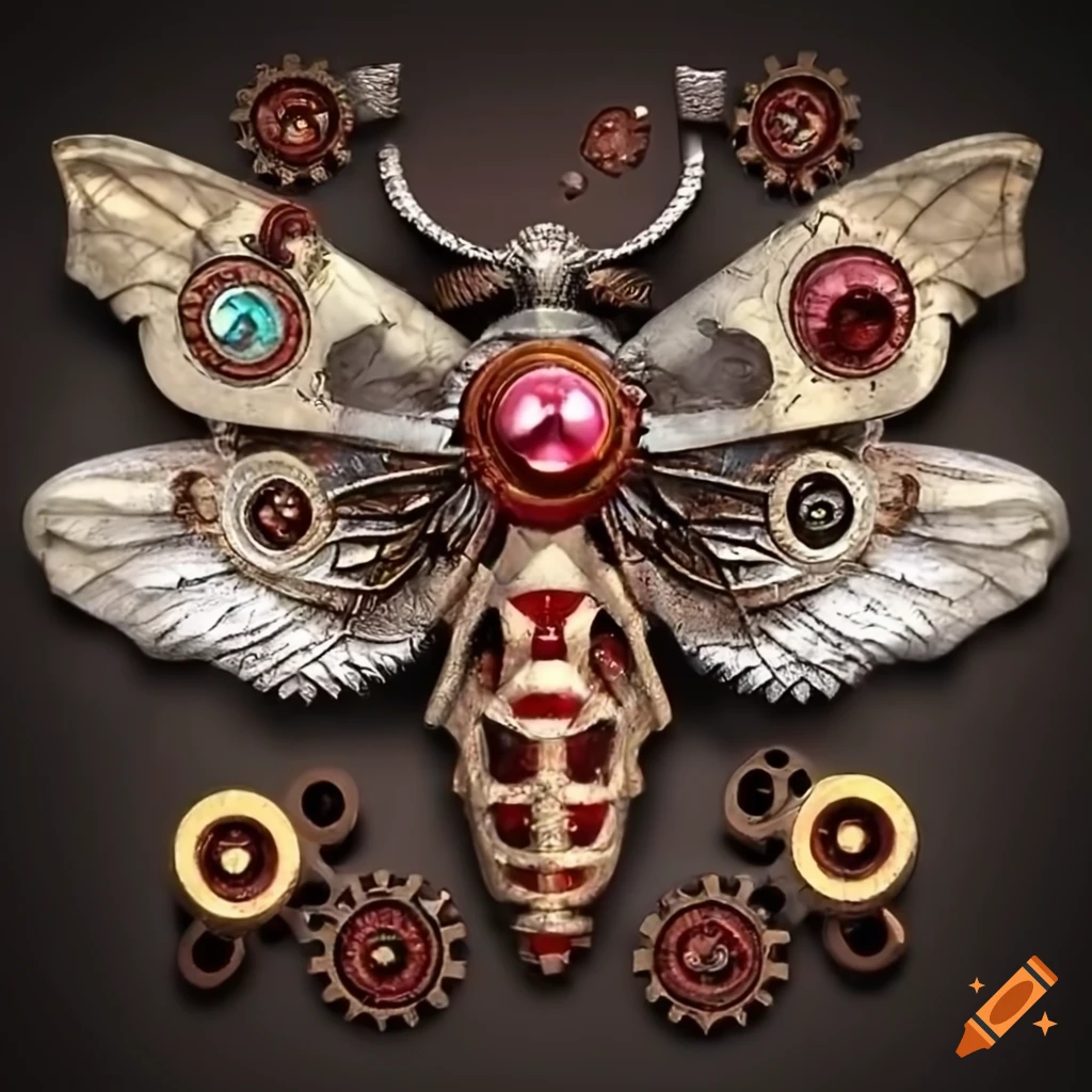 Steampunk silver moth with gears and ruby red eyes and six mechanical wings