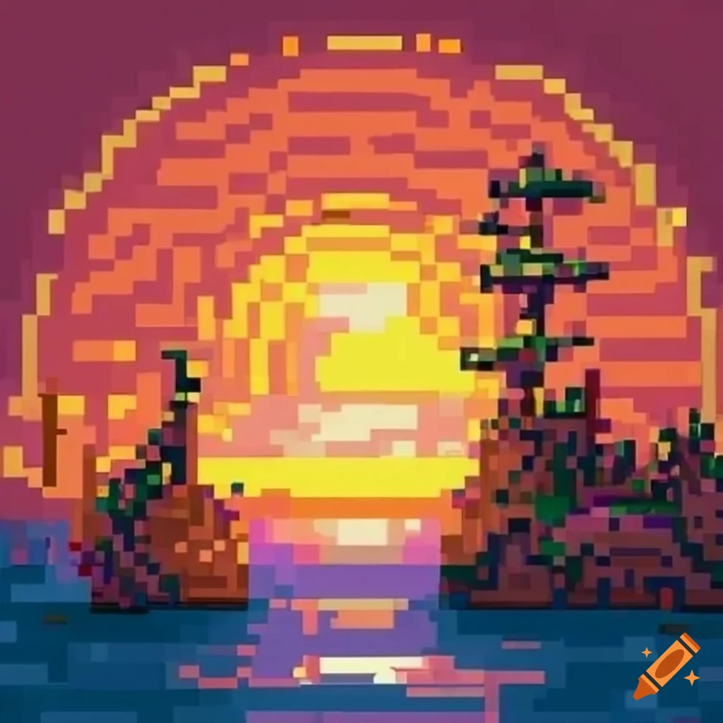 Drawing of an island from a distance sunset 90s style pixel art ...