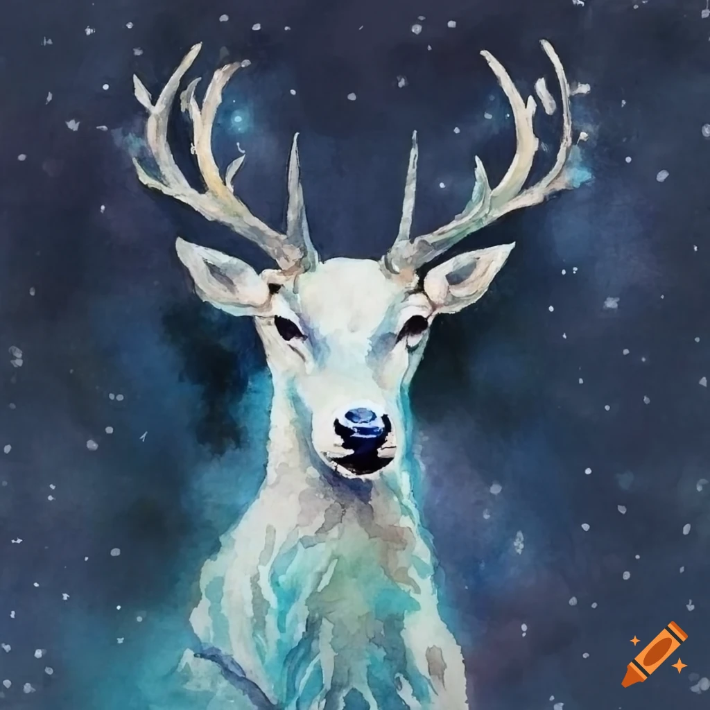 A watercolor mythical white stag against starry night