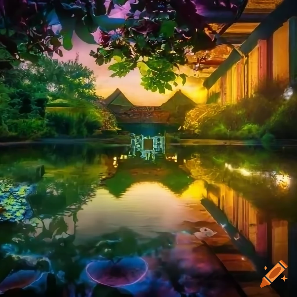 A geometric garden, pond ::5 water lilies, trees, cherry blossom ...