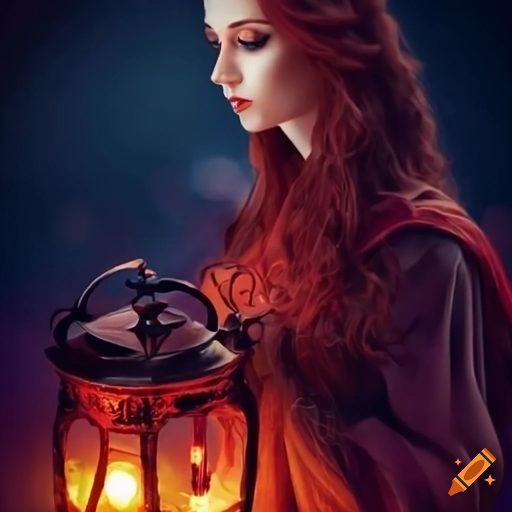 Beautiful lady in midnight with lantern