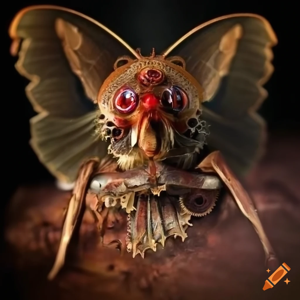 Steampunk moth with six mechanical wings and ruby red eyes