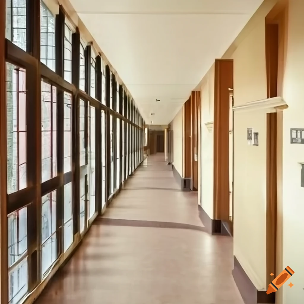 A school corridor with 6 classrooms on the right and a hall in the ...